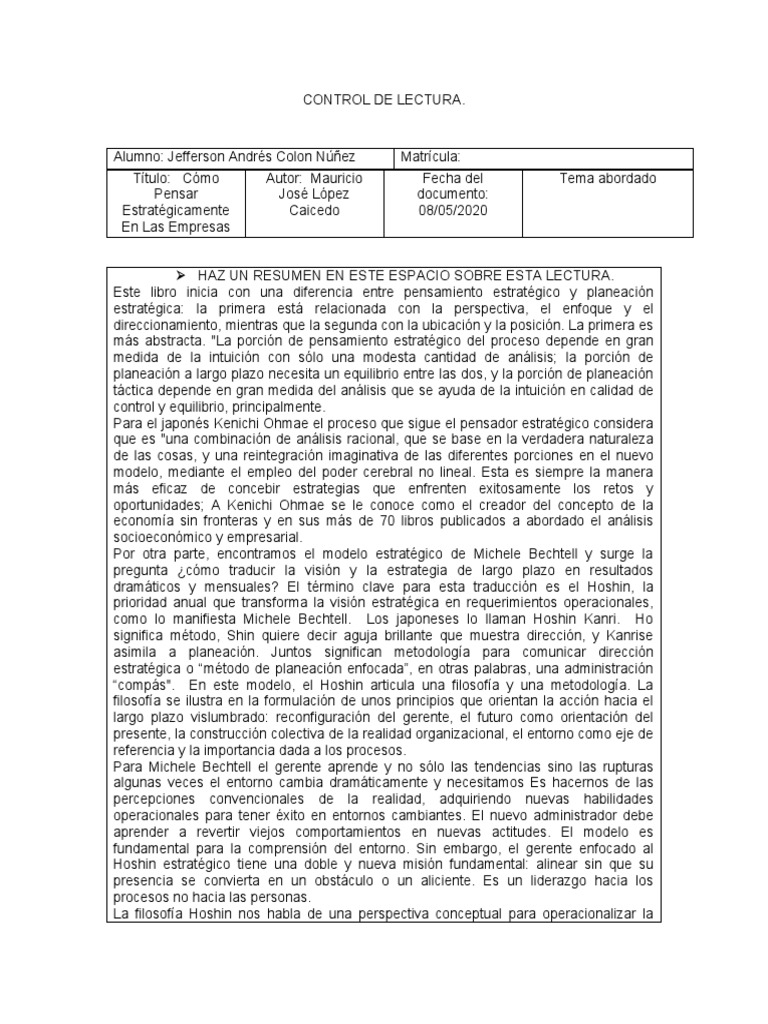 Control de Lectura | PDF | Intuición | Planificación