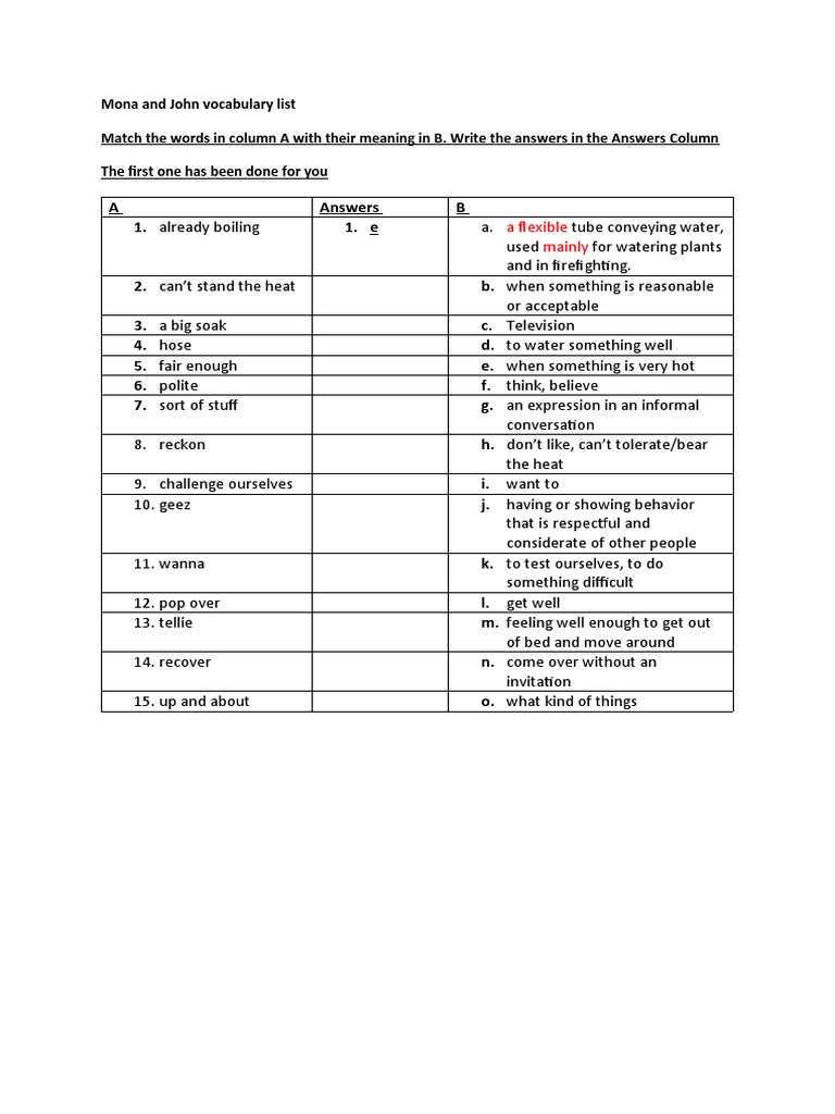 Vocabulary Matching Exercise | PDF