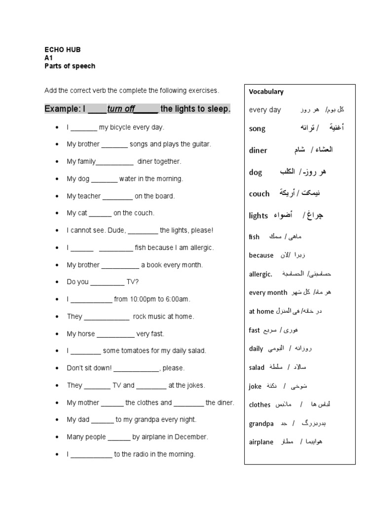 A1 Exercises Practice Verbs and Sentences Structure | PDF