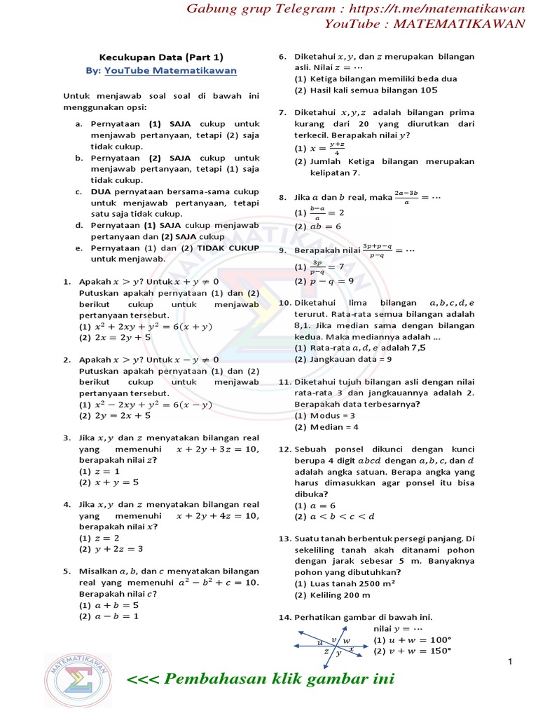 Matematikawan - 20 Soal Kecukupan Data Part 1 | PDF