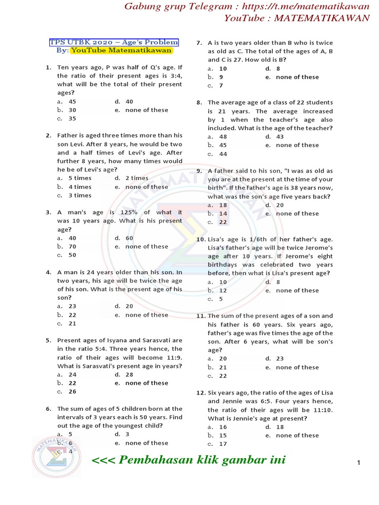 Matematikawan - 20 Soal Umur Full in English | PDF | Living Arrangements | Family
