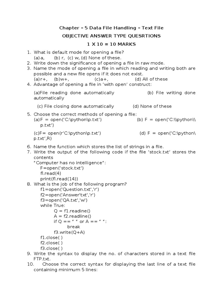 Chapter - 5 Data File Handling - Text File Objective Answer Type Quesrtions 1 X 10 10 MARKS ...