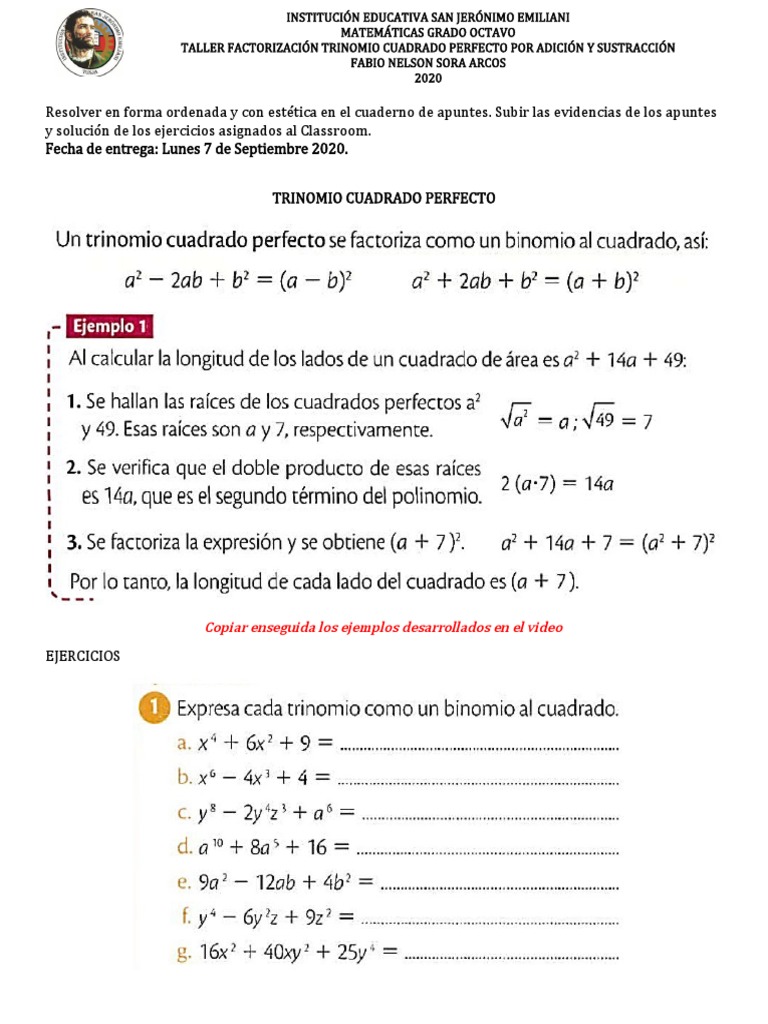 Taller Trinomio Cuadrado Perfecto | PDF