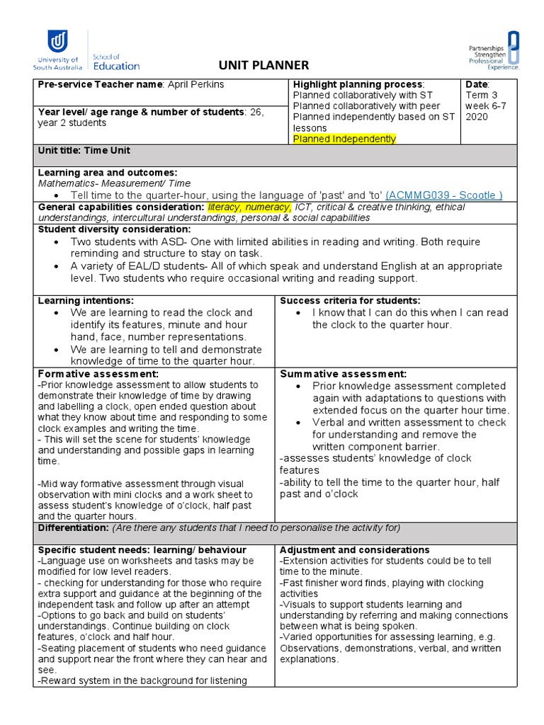 Unit Planner Time | PDF