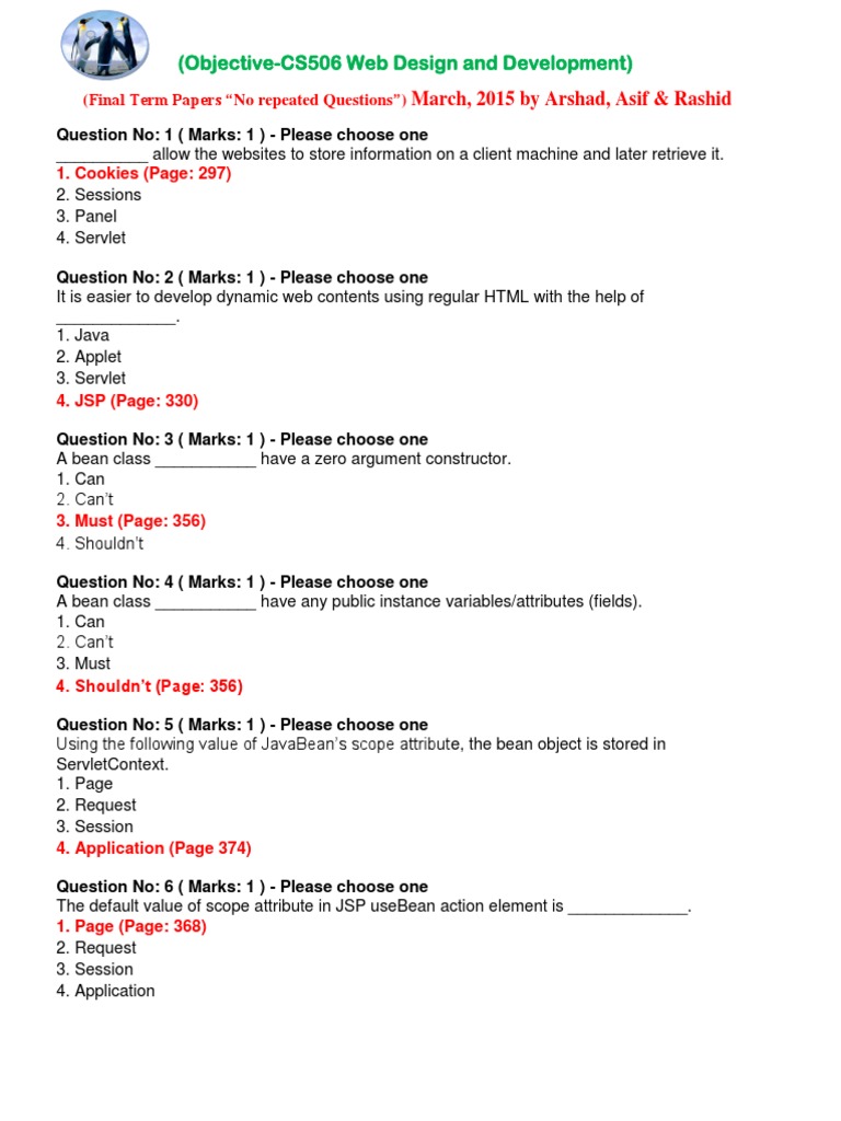 CS506FTMCQsbyArshadnasif PDF | PDF | Java Server Pages | Java Servlet