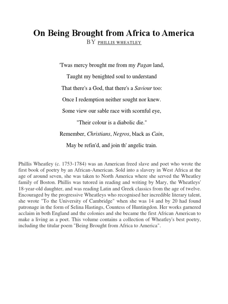 On Being Brought From Africa To America: Phillis Wheatley | PDF