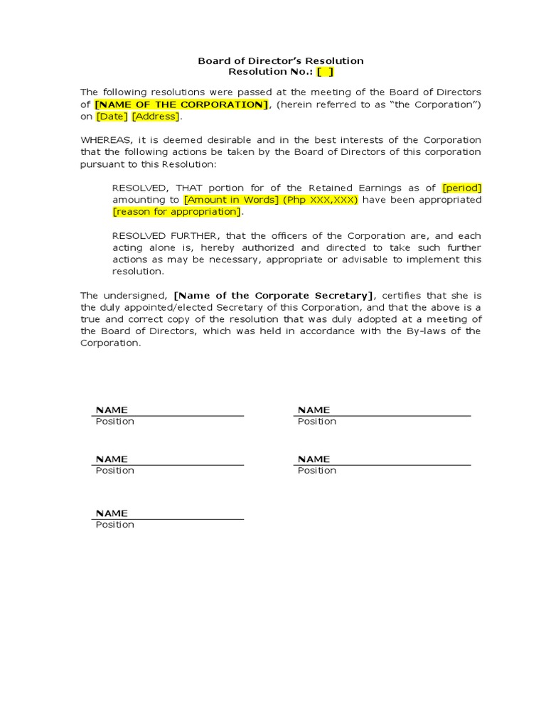Board Resolution Appropriation of Retained Earnings | PDF