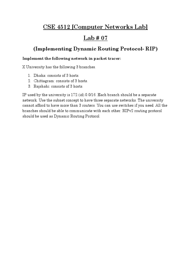 CSE 4512 (Computer Networks Lab) Lab # 07: (Implementing Dynamic Routing Protocol-RIP) | PDF