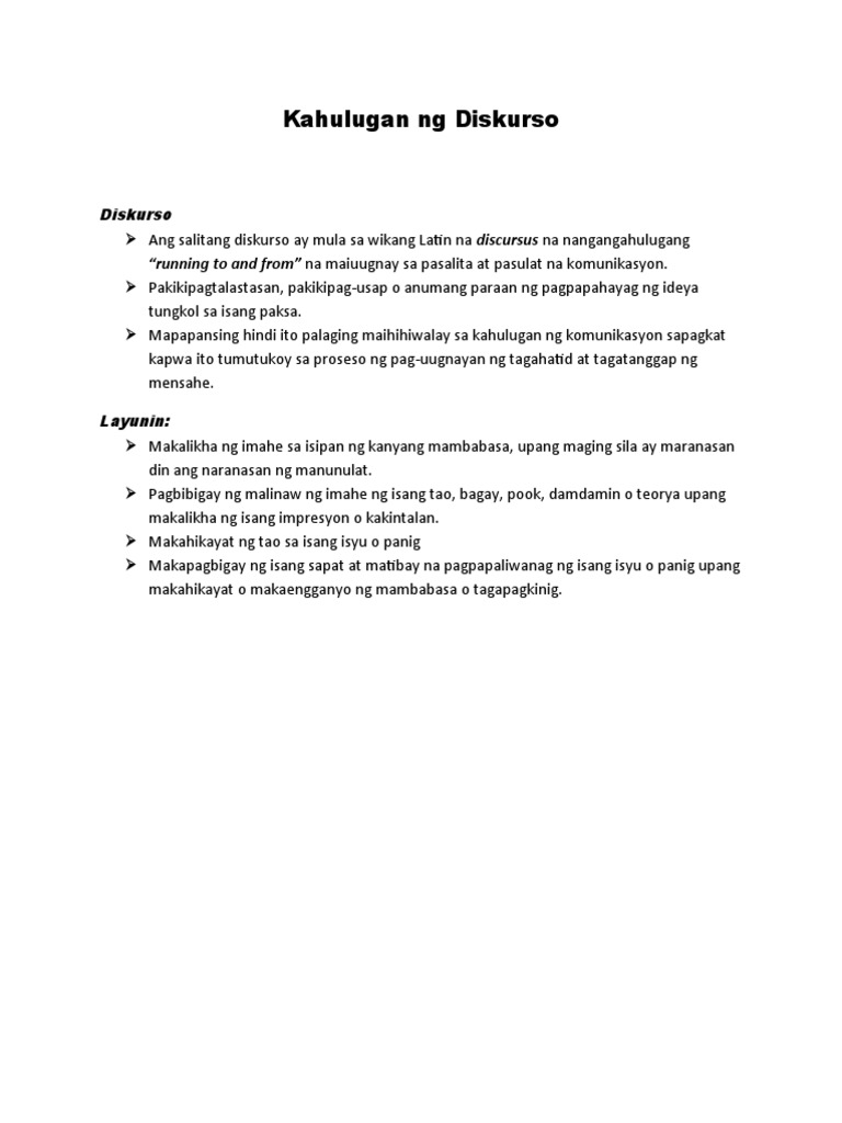 Kahulugan at Layunin NG Diskurso REPORT | PDF