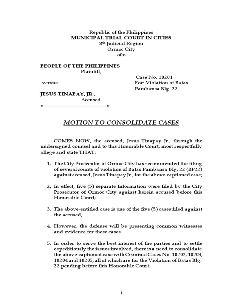 Motion To Consolidate Cases: Municipal Trial Court in Cities | Download Free PDF | Prosecutor ...