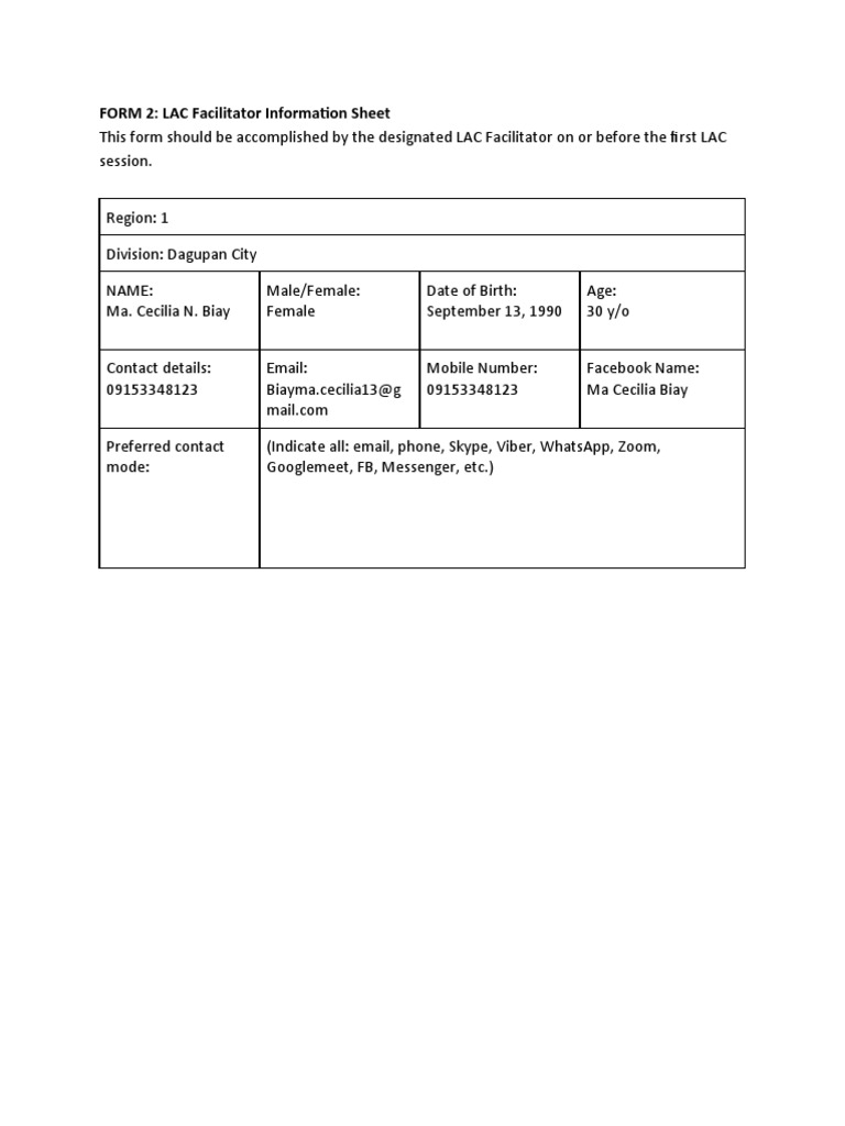 Form 2. LAC Facilitator Information Sheet | PDF