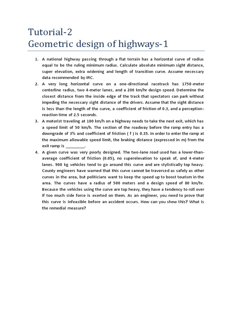 Tutorial-2 Geometric Design of Highways-1 | PDF