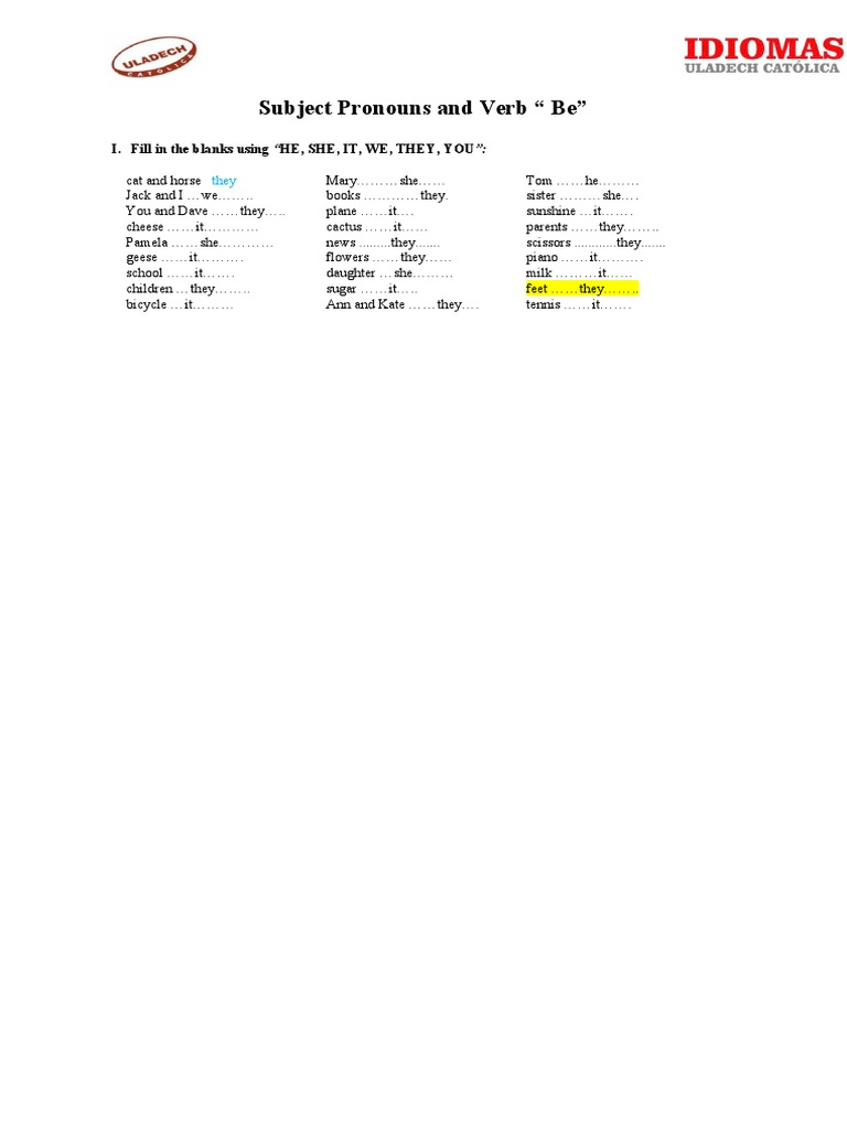 Subject Pronouns and Verb " Be": I. Fill in The Blanks Using "HE, SHE ...