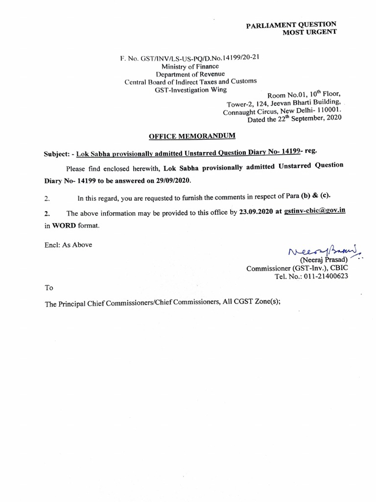 Lok Sabha Provisionally Admitted Question Diary No-14199-: 22 Office ...