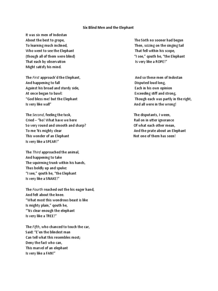 Six Blind Men and the Elephant Poem | PDF