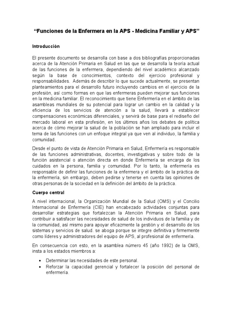 Funciones Enfermeras APS | PDF | Medicina Familiar | Enfermería