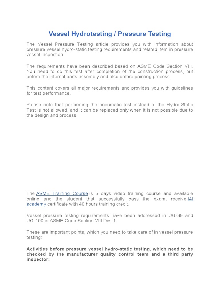 Vessel Hydrotesting / Pressure Testing: ASME Training Course I4I ...