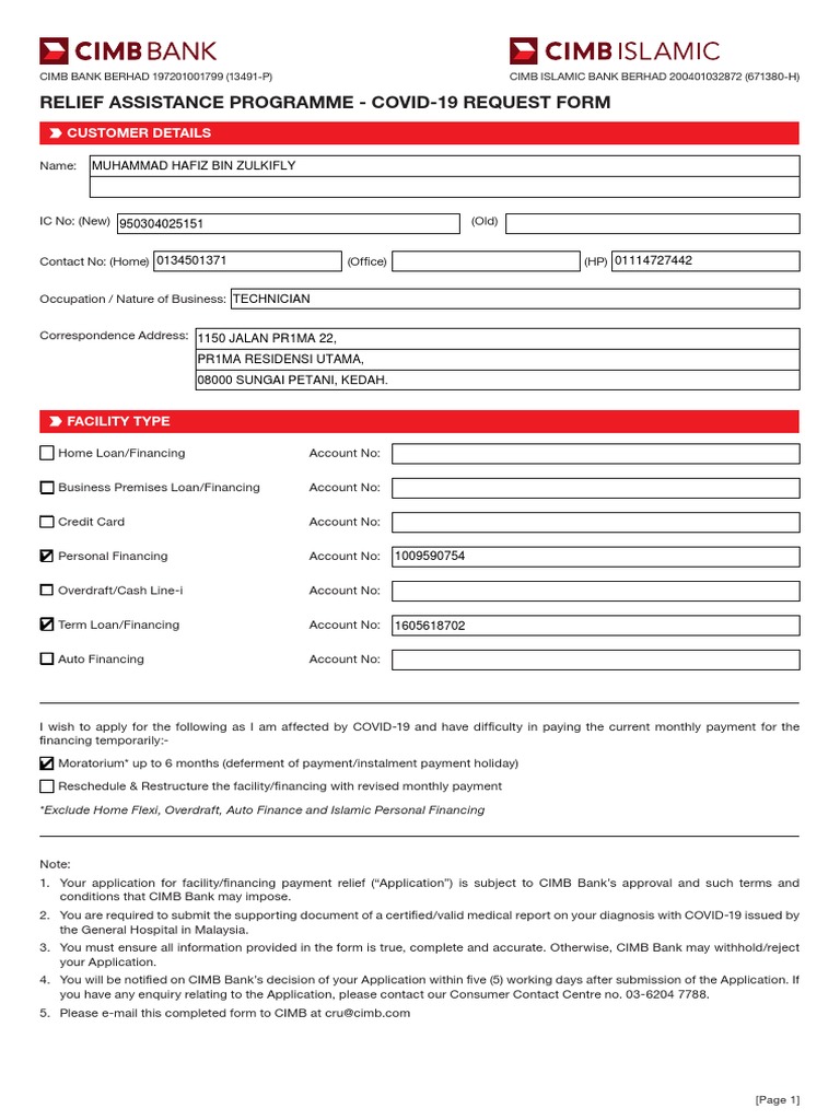 Relief Assistance Programme - Covid-19 Request Form: Customer Details | PDF