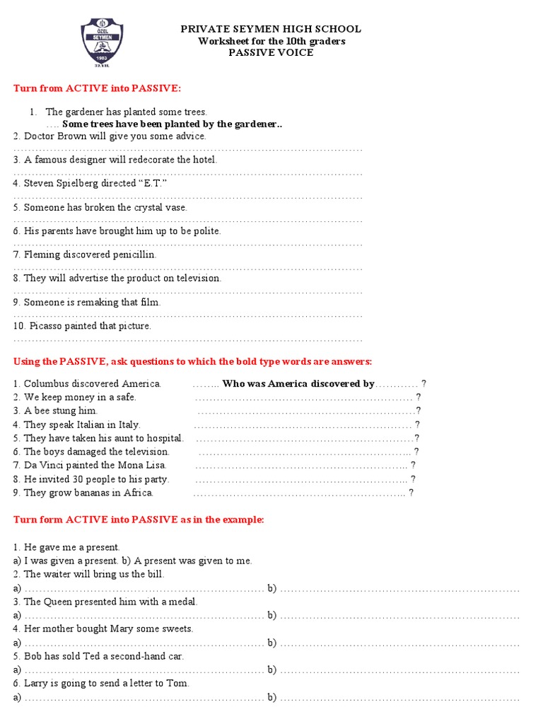 Passive Voice Worksheet for Grade 10 | PDF