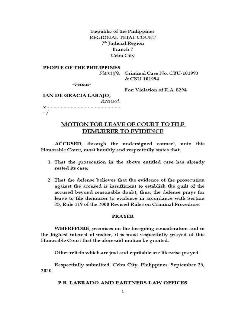 People v. Labajo - Motion For Leave of Court To File Demurrer To ...