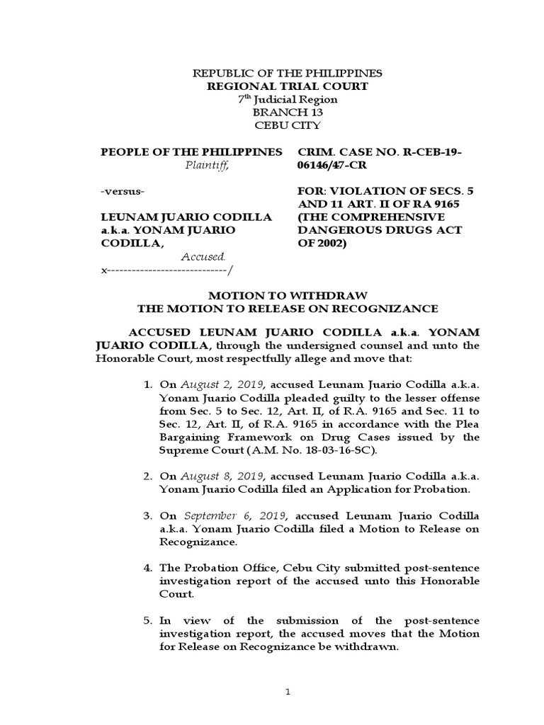 Motion to Withdraw Release on Recognizance | PDF | Plea | Probation