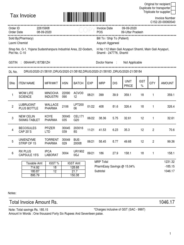 Tax Invoice: 1046.17 Total Invoice Amount Rs | PDF | Taxation | Pharmacy