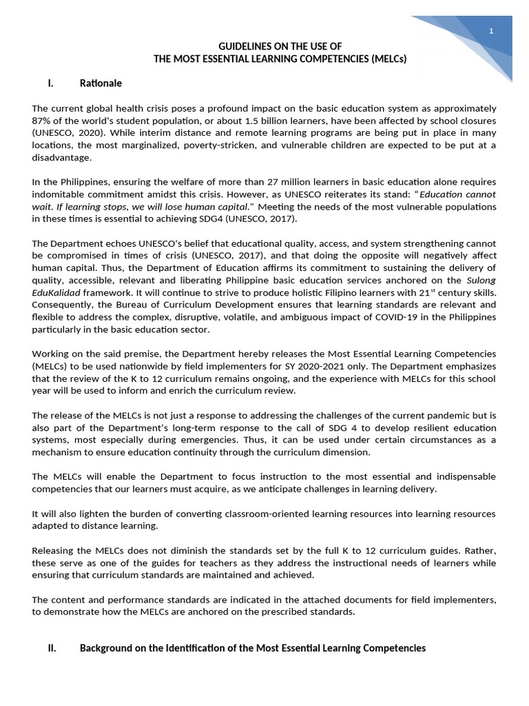 Guidelines On The Use of The Most Essential Learning Competencies (Melcs) I. Rationale ...