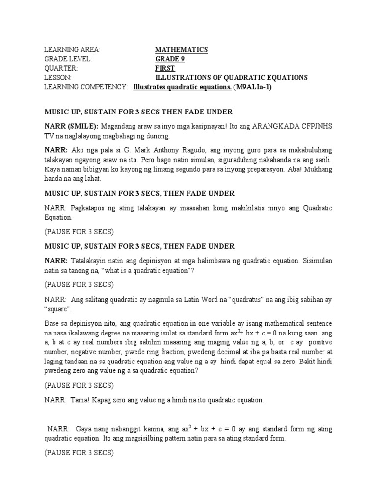 Introduction To Quadratic Equation - Filipino Version | PDF