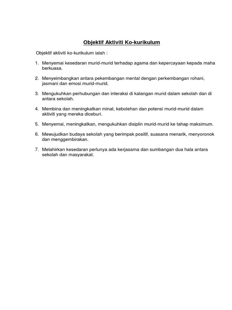 01 Objektif Aktiviti Kokurikulum PDF | PDF