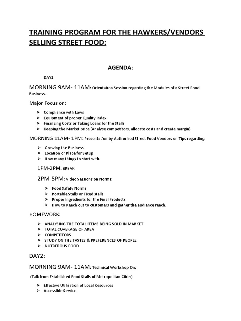 Training Program For The Hawkers/Vendors Selling Street Food | PDF