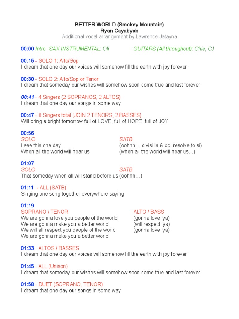 Better World Lyrics Assignments 2 Pager | PDF | Singing | Vocal Music