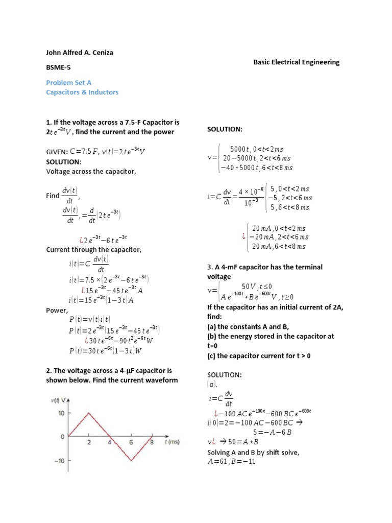 Problem Set A Capacitors & Inductors: Te V, Find The Current and The ...