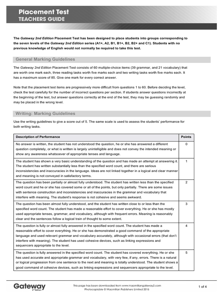 Gateway 2nd Edition Placement Test Guide | PDF | Verb | Question