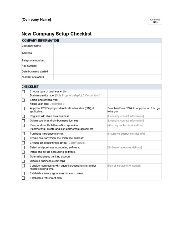 New Company Setup Checklist | PDF