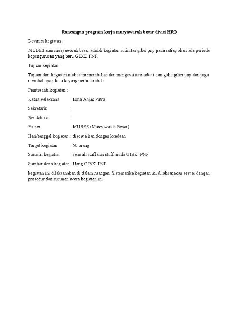 Rancangan Program Kerja Musyawarah Besar Divisi HRD | PDF