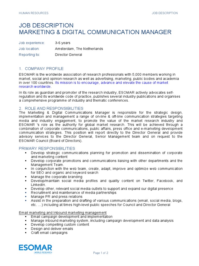 Job Description Marketing & Digital Communication Manager: 1. Company ...