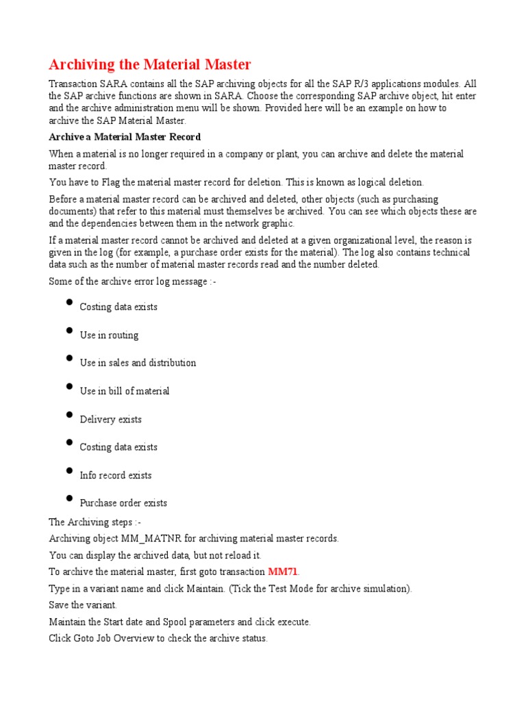 Archiving The Material Master | PDF