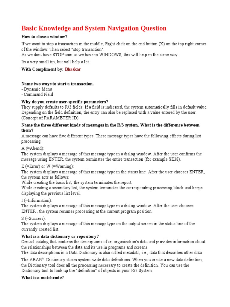 Basic Knowledge and System Navigation Question: Bhaskar | PDF | Data ...