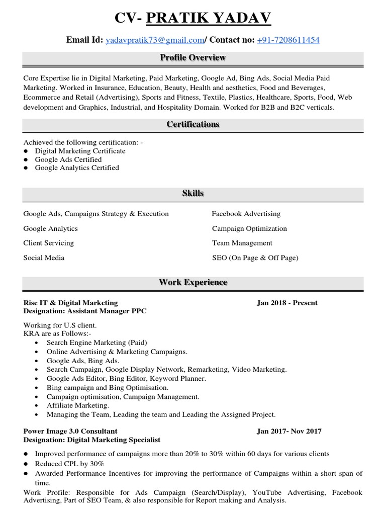 Pratik Yadav Email Id Contact No Profile Overview Pdf Search Engine Marketing Search 