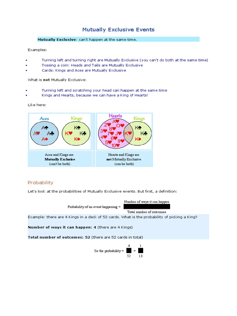 Mutually Exclusive Events: Mutually Exclusive: Can't Happen at The Same ...