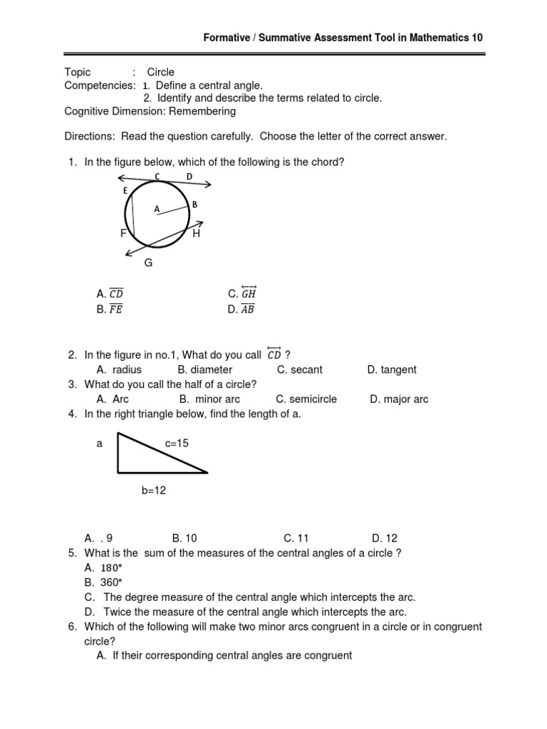 Formative Assessment Tool - Circle Geometry Concepts | PDF | Circle | Angle