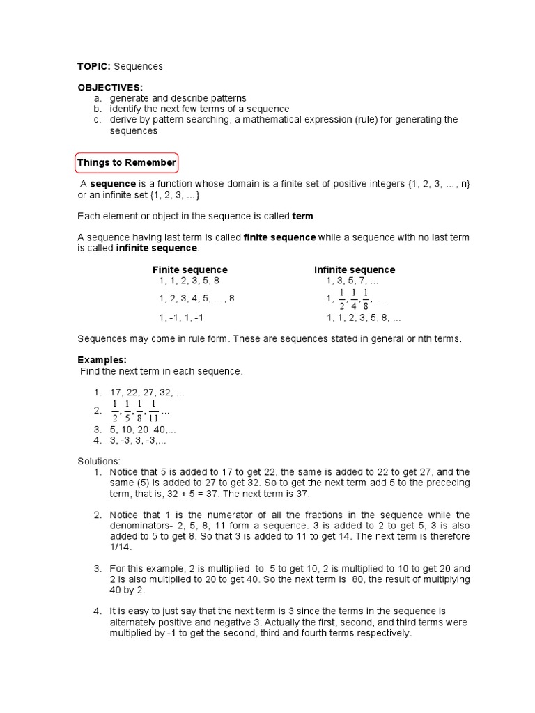 Deriving Patterns and Rules for Numeric Sequences | PDF | Sequence ...