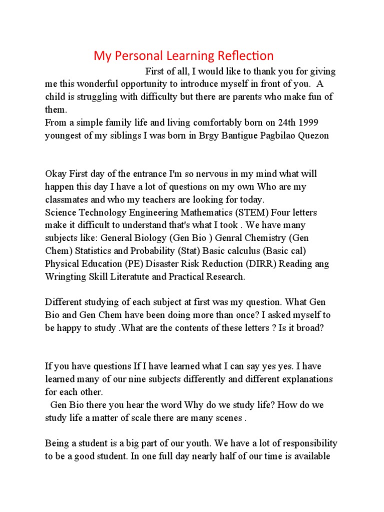 My Personal Learning Reflection | PDF | Science, Technology, Engineering, And Mathematics | Teachers