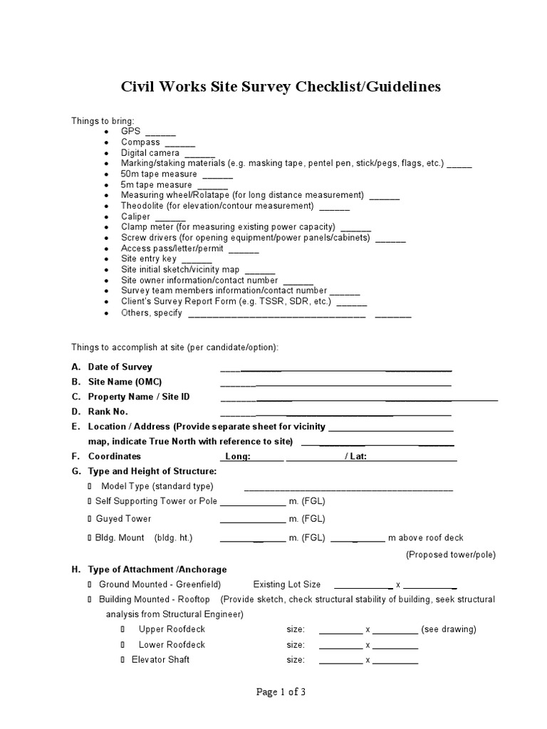 Civil Works Site Survey Checklist/Guidelines | PDF | Surveying | Road