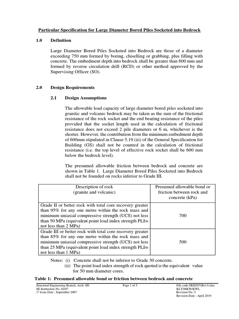 Particular Specification For Large Diameter Bored Piles Socketed Into ...