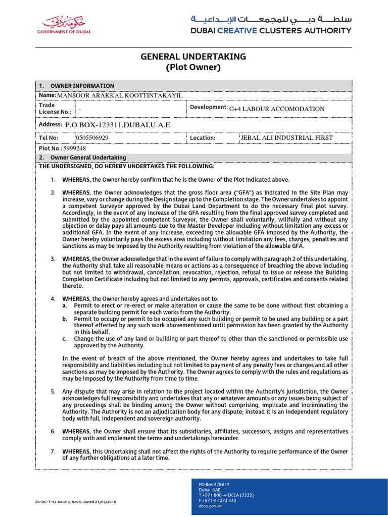 General Undertaking Plot Owner.5999248 | PDF | Public Law | Private Law