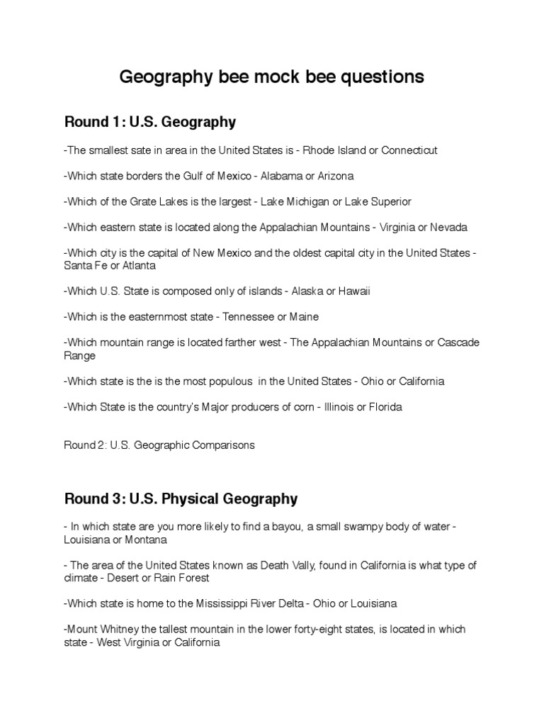 Geography Bee Mock Bee Questions: Round 1: U.S. Geography | PDF ...