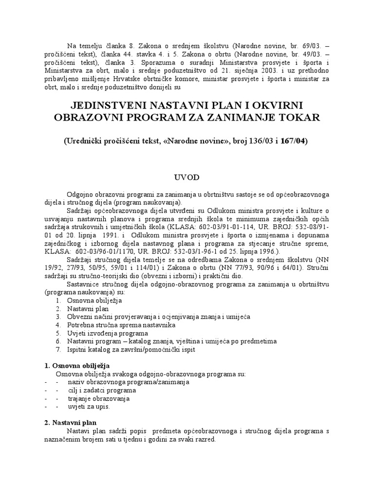 923.301 Jedinstveni Nastavni Plan I Okvirni Obrazovni Program Za ...