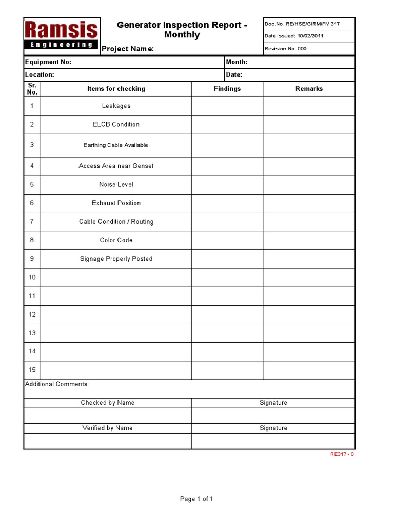317-Generator Inspection Report Monthly Rev 000 | PDF