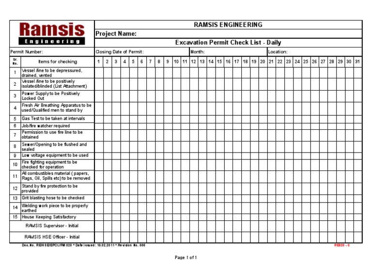 320-Excavation Permit Check List - Daily Rev 000 | PDF